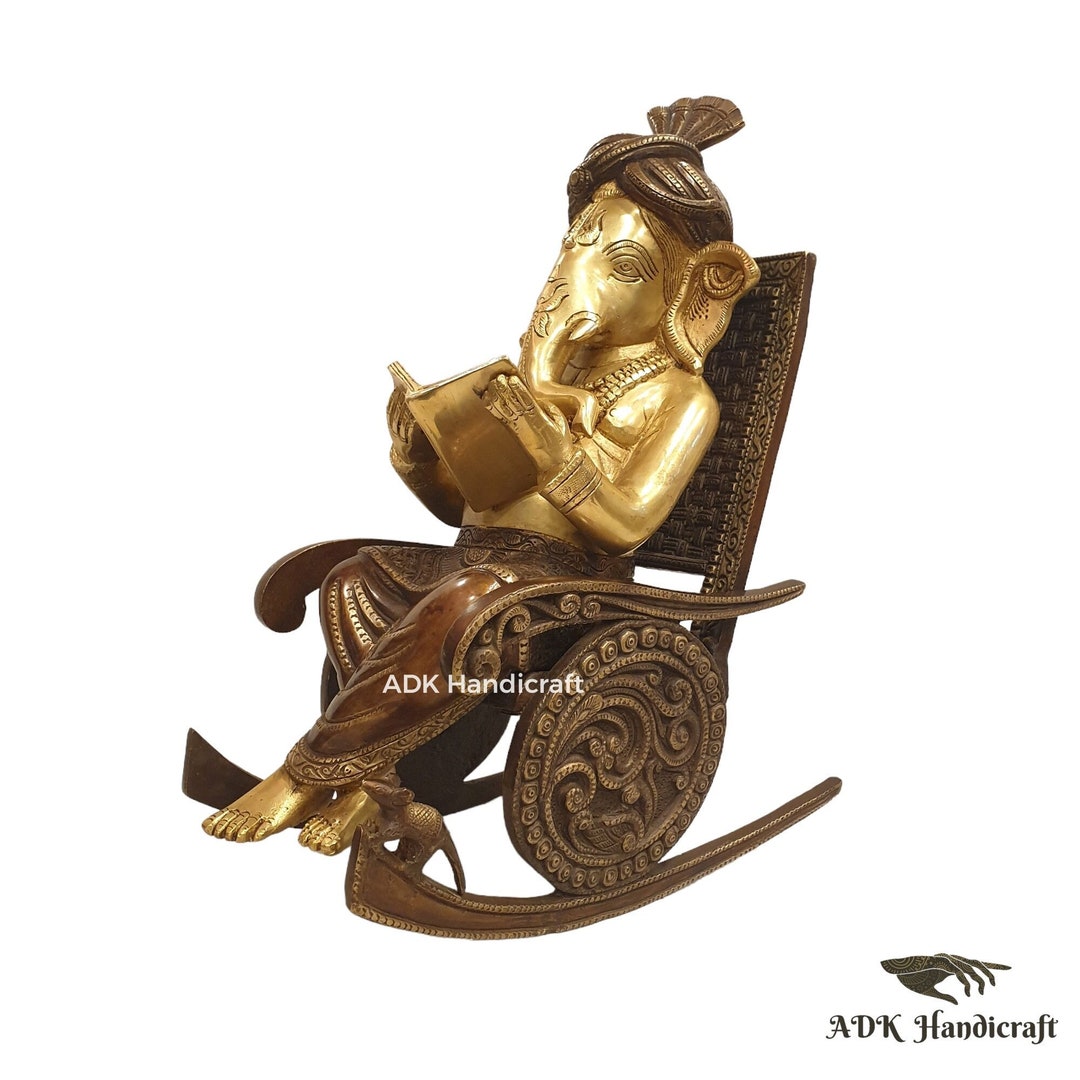 Brass Ganesha Statue 16.5" Inch Big Modern Ganesh Reading Book on ...