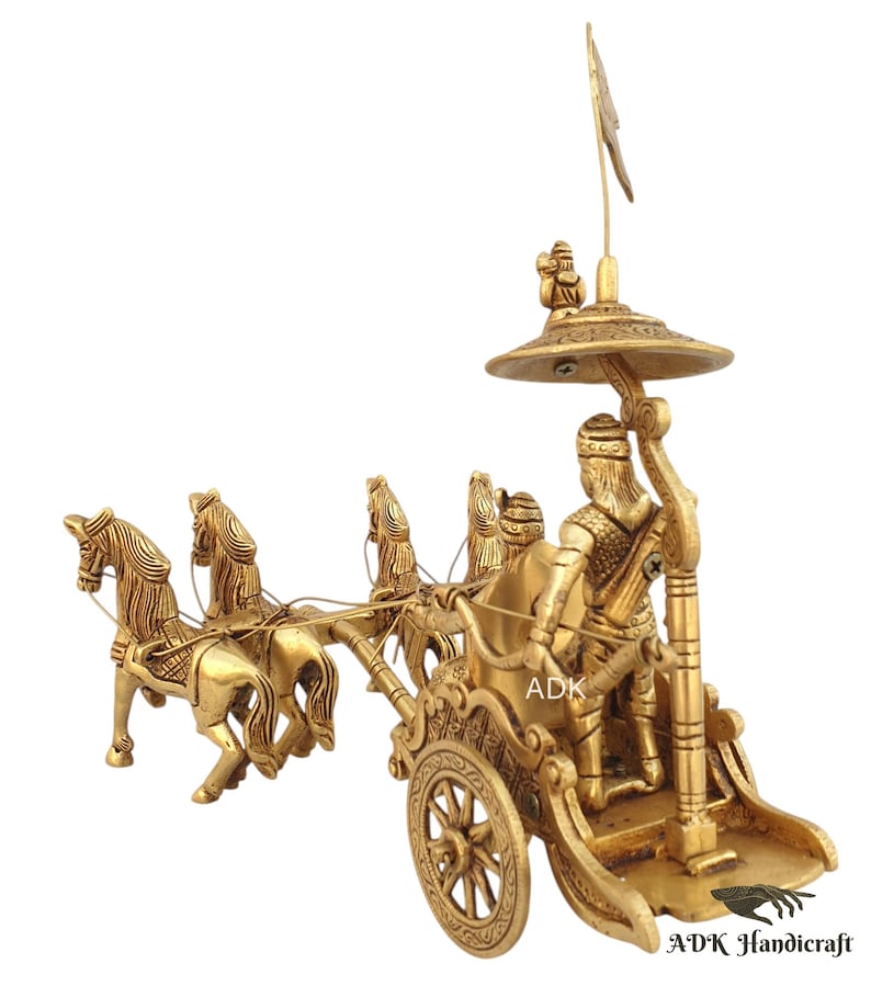Brass Krishna Arjuna Rath Chariot, 9" Inch Arjun Rath With 4 Horses ...