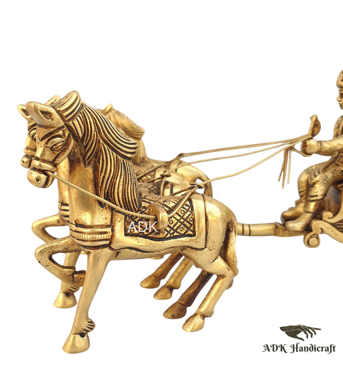 Brass Krishna Arjuna Rath Chariot, 9" Inch Arjun Rath With 4 Horses ...