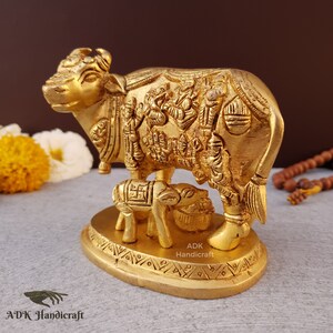Kamdhenu Cow Idol Brass, 5" Inches Kamdenu Cow With Calf Idol, Good ...