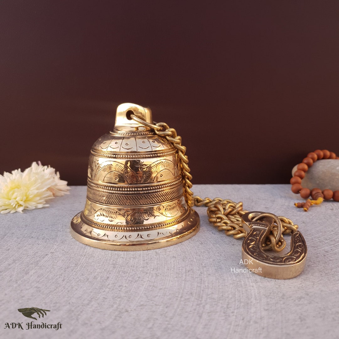 Brass Hanging Bell With Chain, 21.5 Inch" Long Chain for Home Temple ...