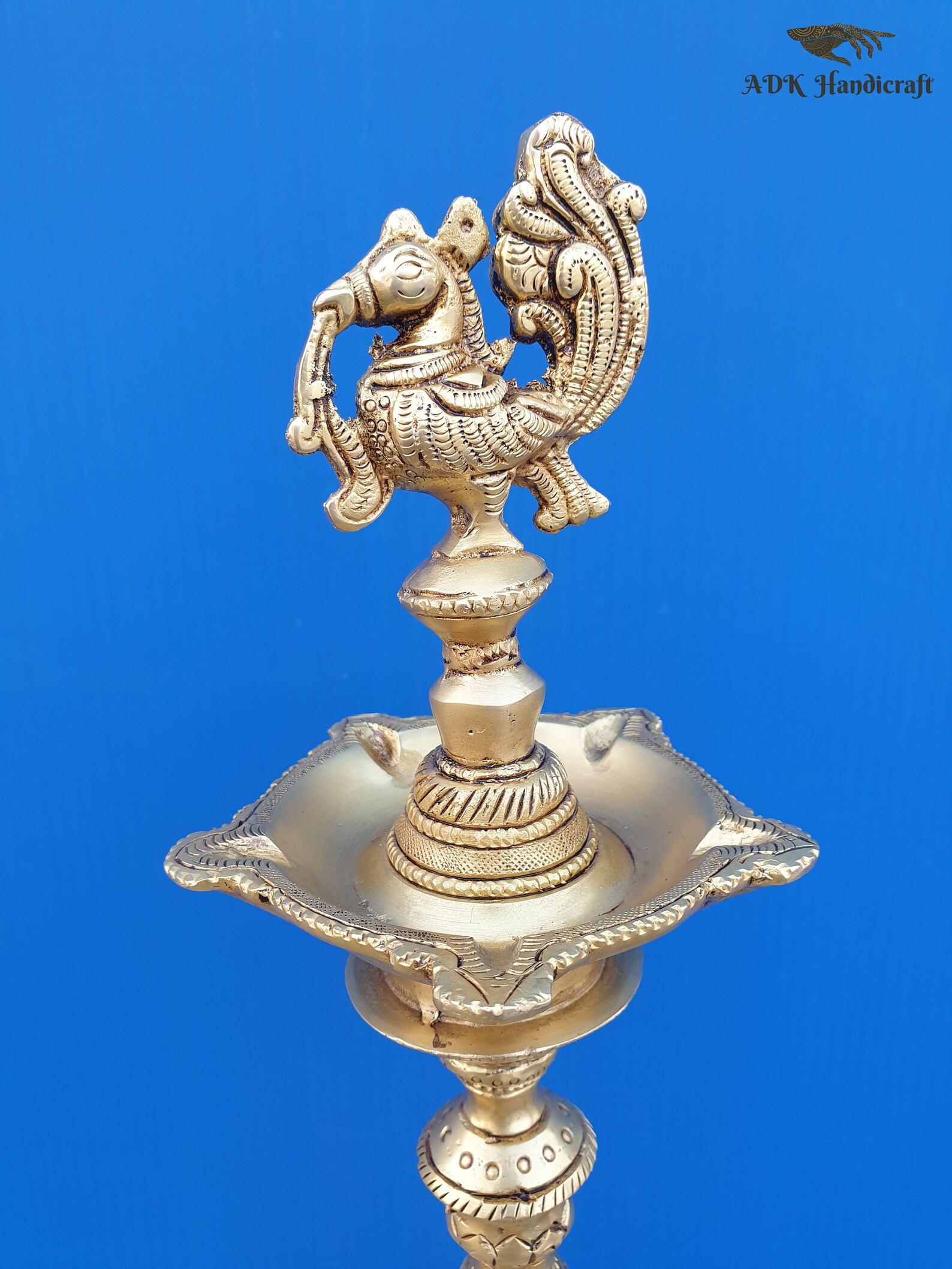 16" Inch Big Brass Traditional Diya Set, Brass Diya Stand Pair, Peacock ...