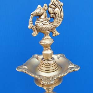 16" Inch Big Brass Traditional Diya Set, Brass Diya Stand Pair, Peacock ...