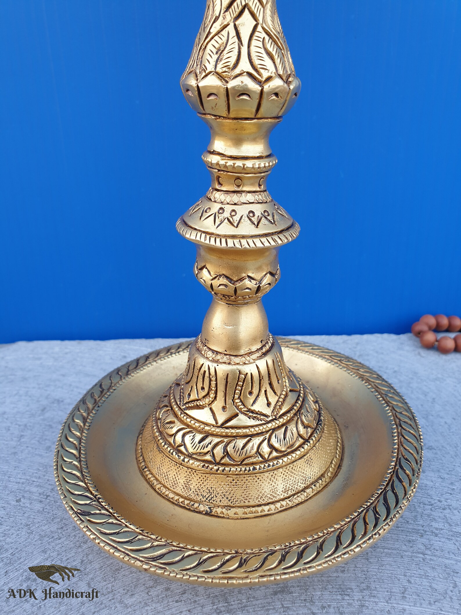 16" Inch Big Brass Traditional Diya Set, Brass Diya Stand Pair, Peacock ...