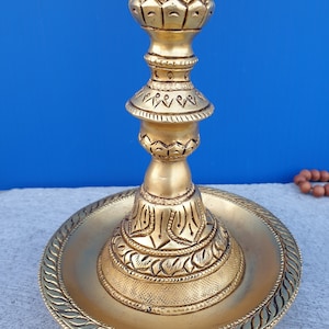 16" Inch Big Brass Traditional Diya Set, Brass Diya Stand Pair, Peacock ...