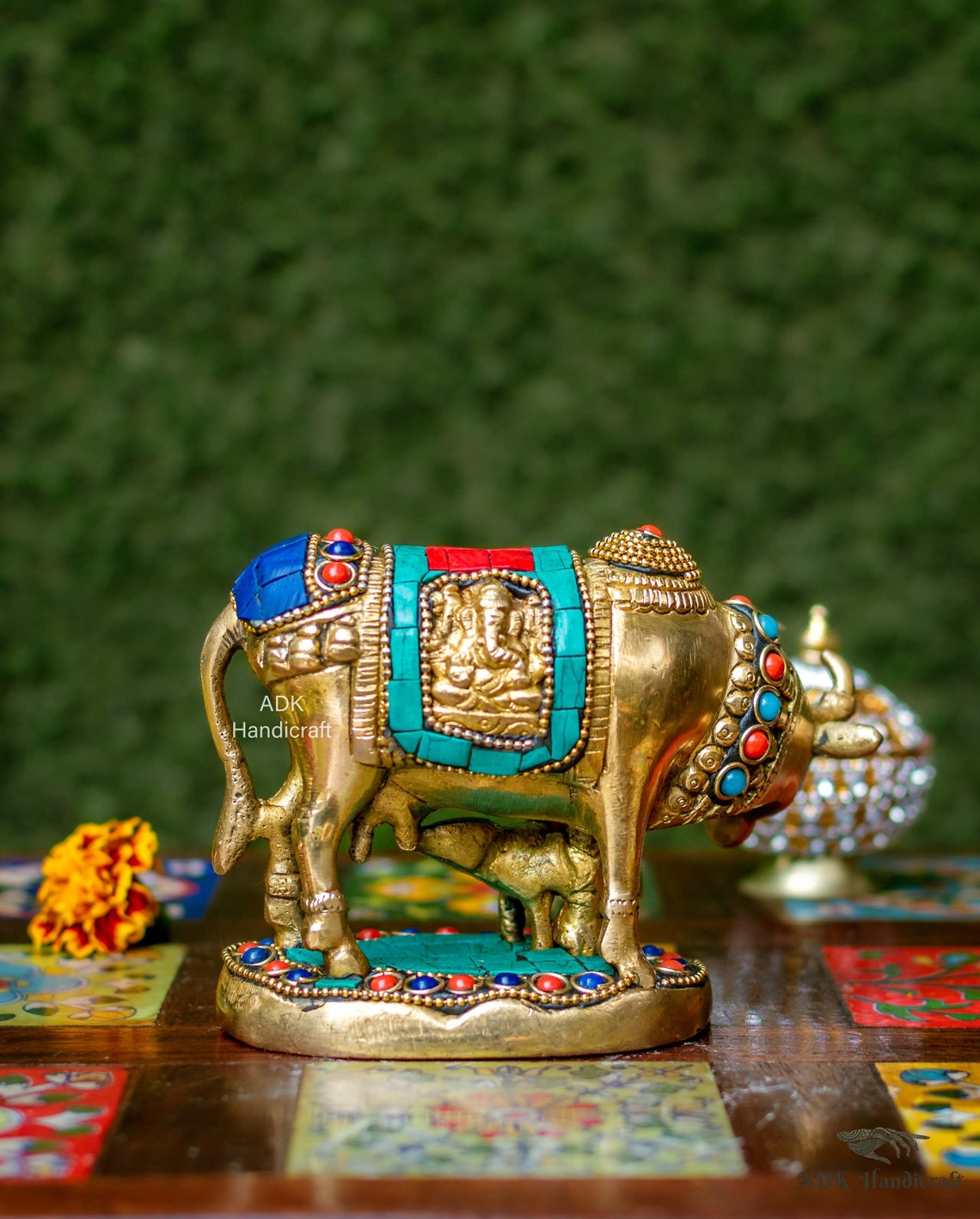 Brass Kamdhenu Cow Idol, Cow With Calf Statue, 5" Inch, Brass, Good ...