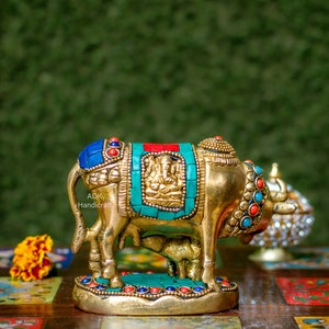 Brass Kamdhenu Cow Idol, Cow With Calf Statue, 5" Inch, Brass, Good ...