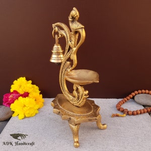 Brass Diya With Bell- 8" Inch, Brass Oil Lamp for Home Temple ...