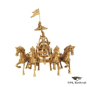 Brass Krishna Arjuna Rath Chariot, 9" Inch Arjun Rath With 4 Horses ...