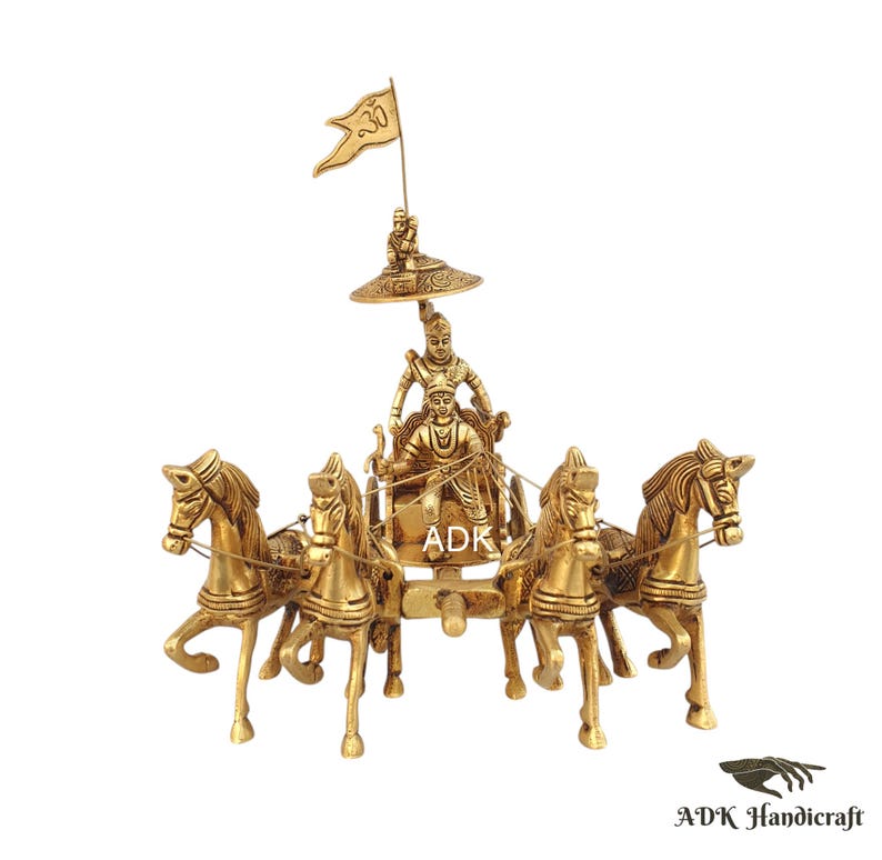 Brass Krishna Arjuna Rath Chariot, 9" Inch Arjun Rath With 4 Horses ...