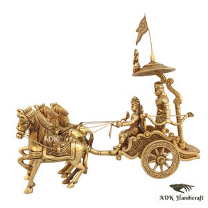 Brass Krishna Arjuna Rath Chariot, 9" Inch Arjun Rath With 4 Horses ...