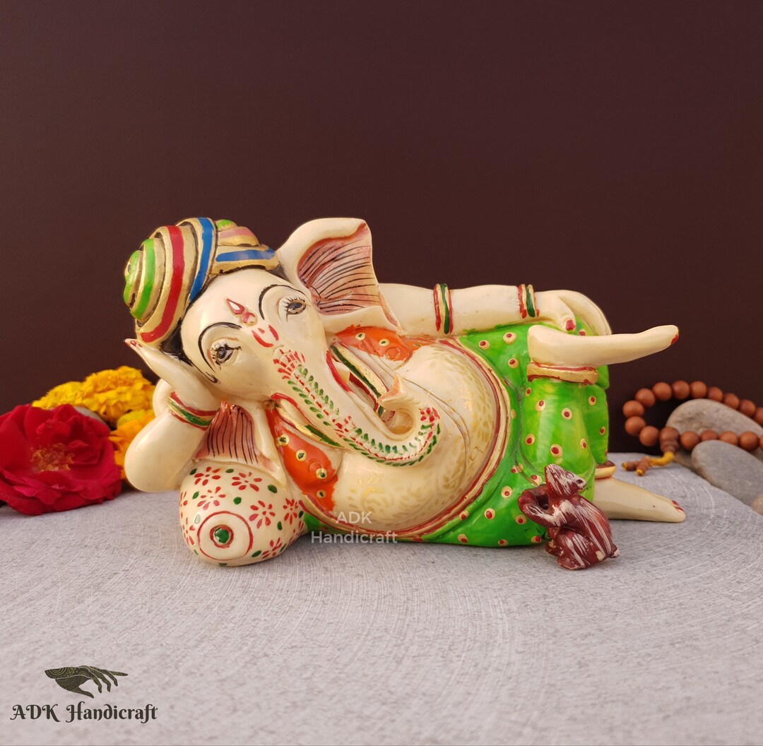 Reclining Ganesha Idol, 7.5" Inch Lord Ganesh Idol, Handpainted Ivory ...