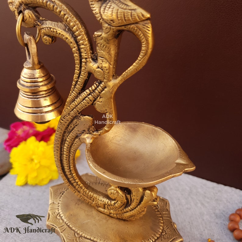 Brass Diya With Bell- 8" Inch, Brass Oil Lamp for Home Temple ...
