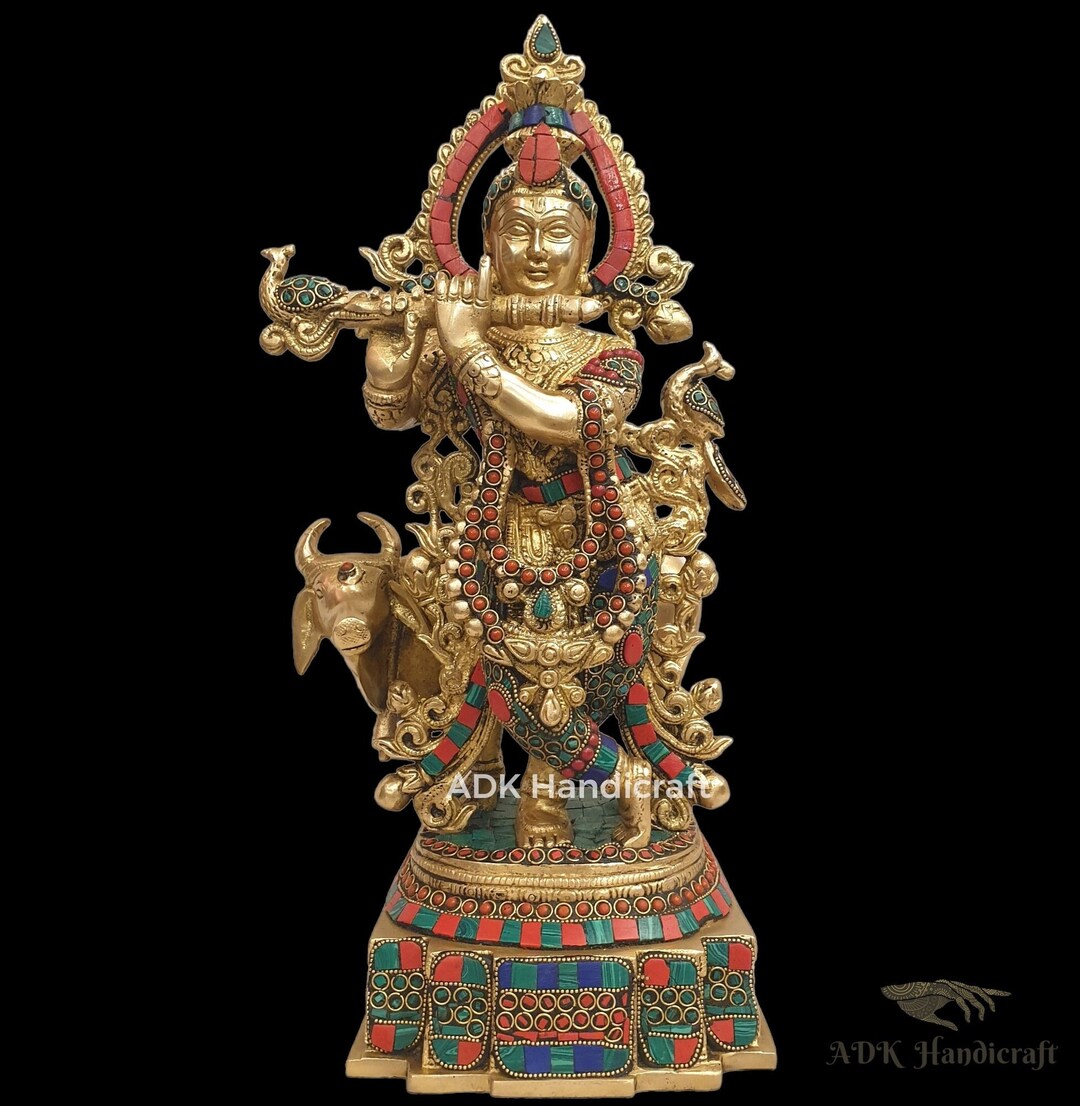 Brass Cow Krishna Statue 16" Inch Large With Mosaic Stonework, Brass ...