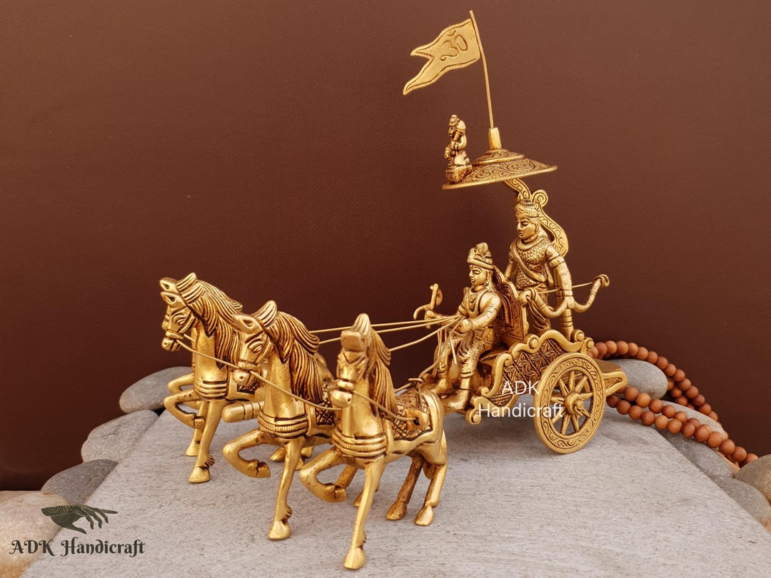 Brass Krishna Arjuna Rath Chariot, 9" Inch Arjun Rath With 4 Horses ...