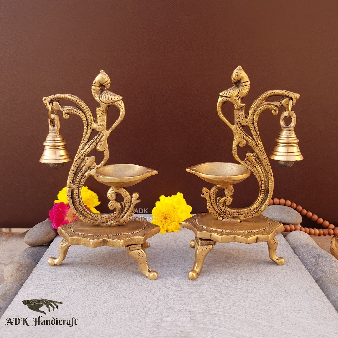 Brass Diya With Bell- 8" Inch, Brass Oil Lamp for Home Temple ...