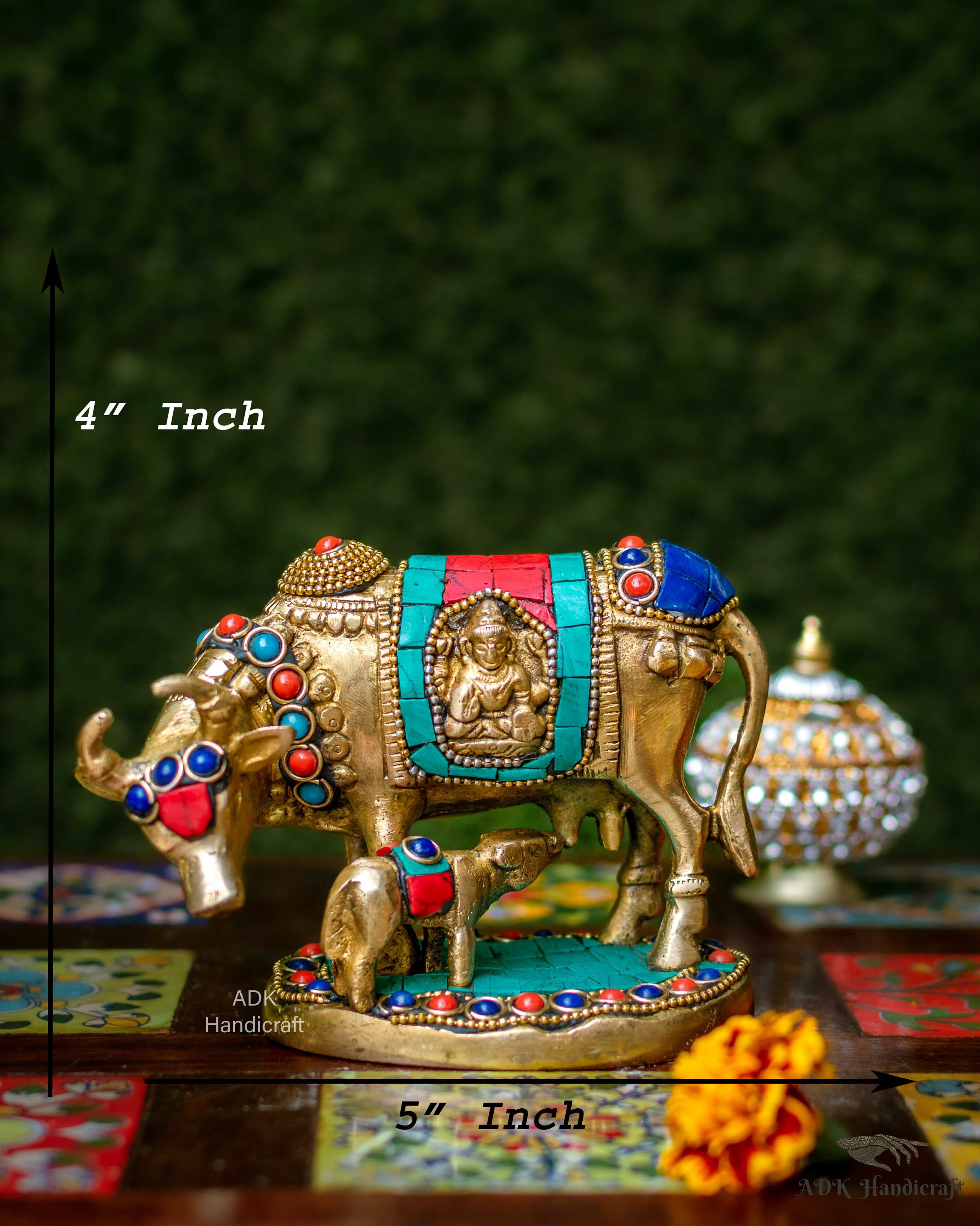 Brass Kamdhenu Cow Idol, Cow With Calf Statue, 5" Inch, Brass, Good ...