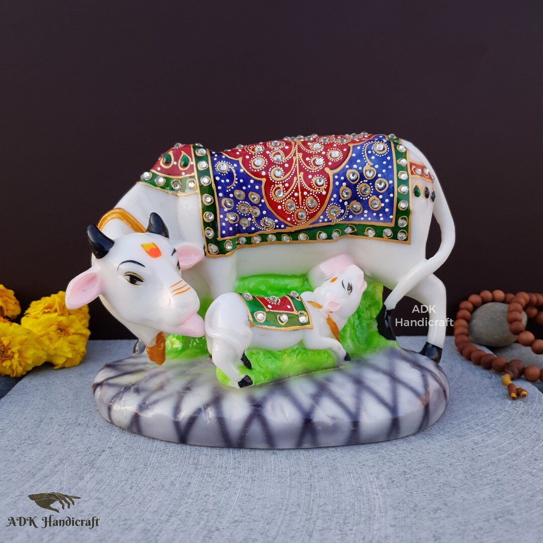 Kamdhenu Cow Idol, 7" Inch Hand Painted Cultured Marble Cow With Calf ...