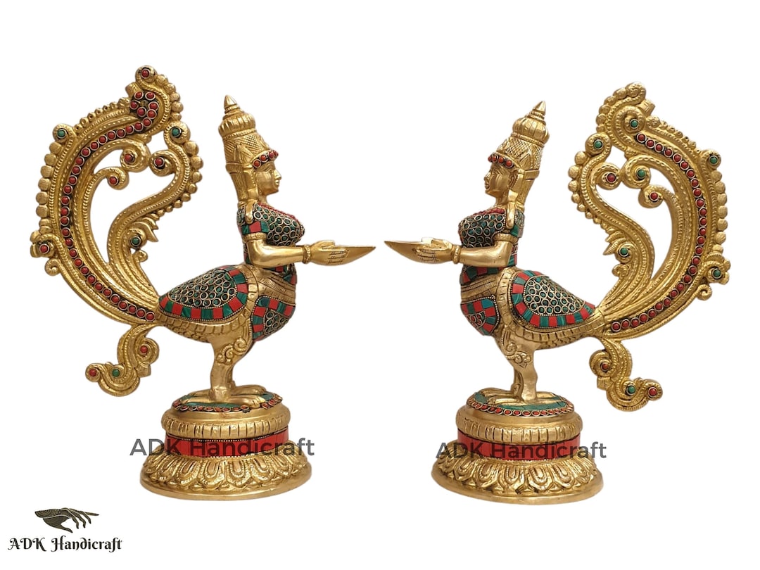 Brass Lady Diya Set, 12" Inch Big Brass Deepak Diya Pair With Stone ...