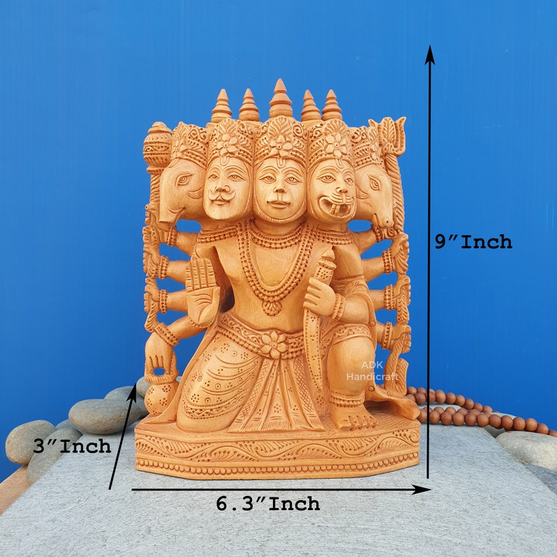 Wooden Panchmukhi Hanuman Statue, 9" Inch Lord Hanuman Idol, Fine Hand ...