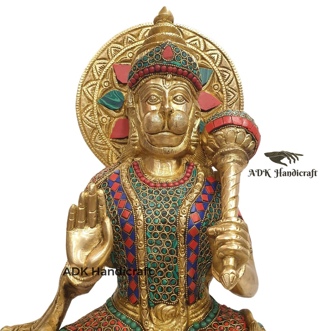 Brass Big Hanuman Statue, 15" Inch Large Lord Hanuman Idol With Stone ...