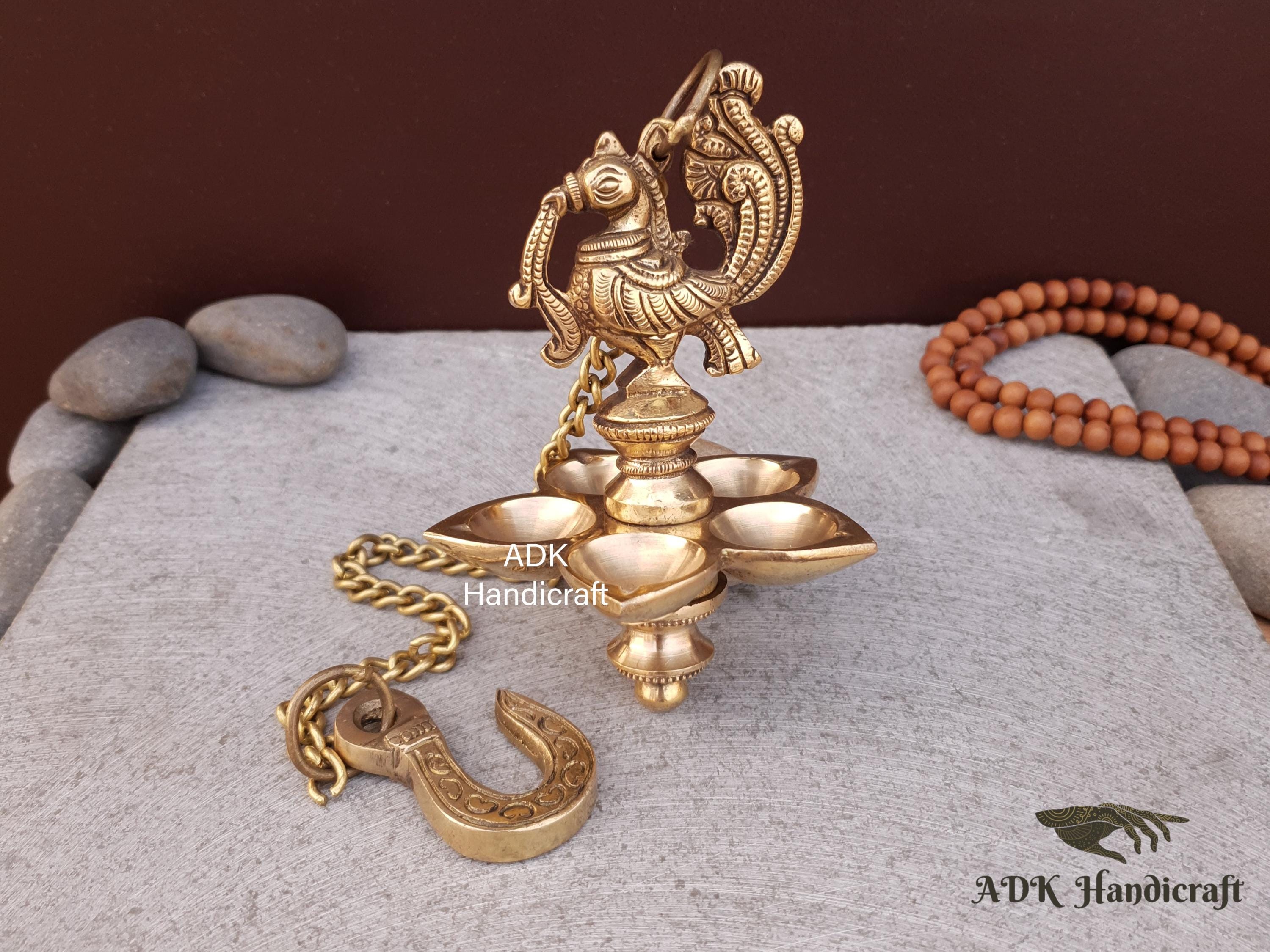 Brass Hanging Diya With Chain- 20" Inch, Brass Oil Lamp for Home Temple ...
