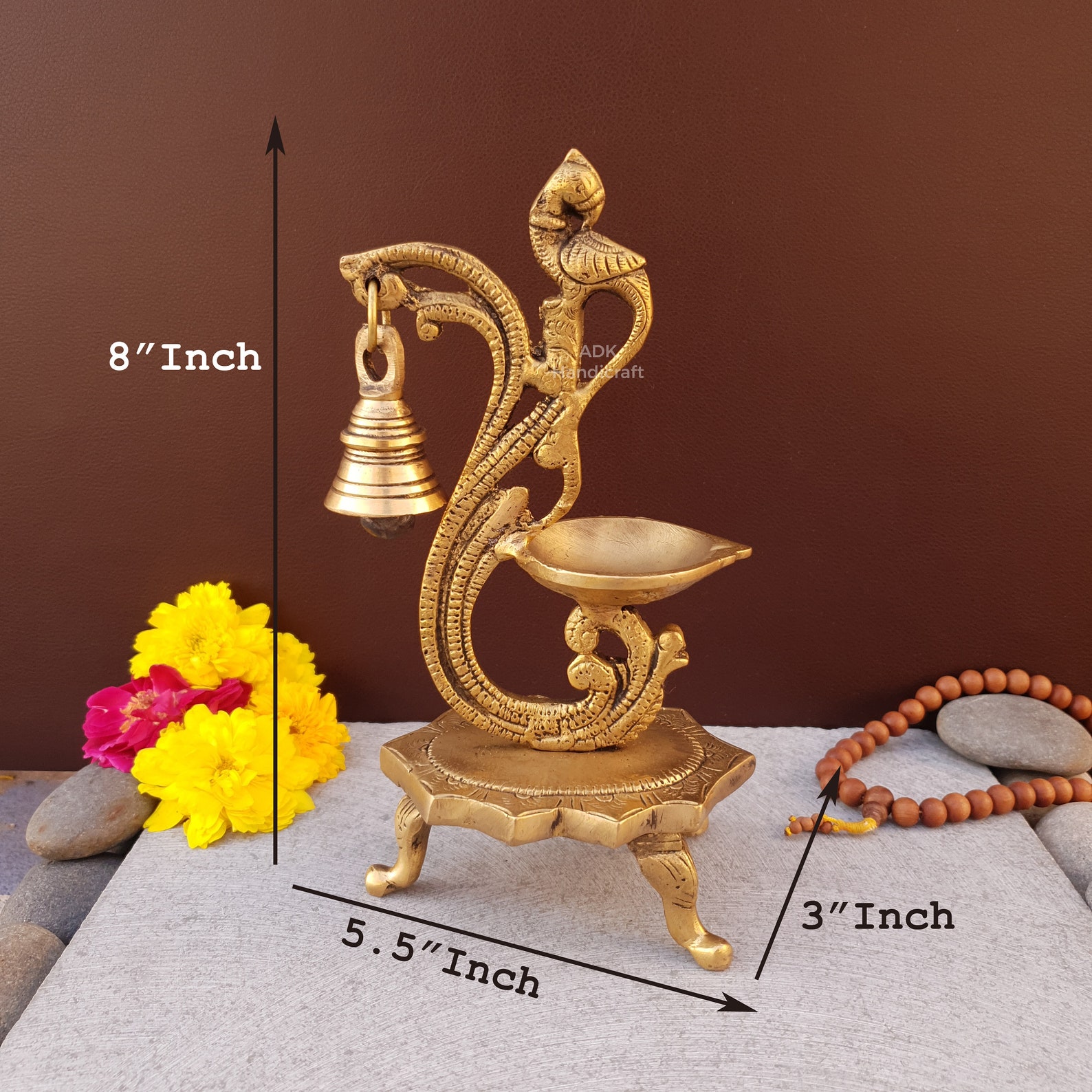 Brass Diya With Bell- 8" Inch, Brass Oil Lamp for Home Temple ...