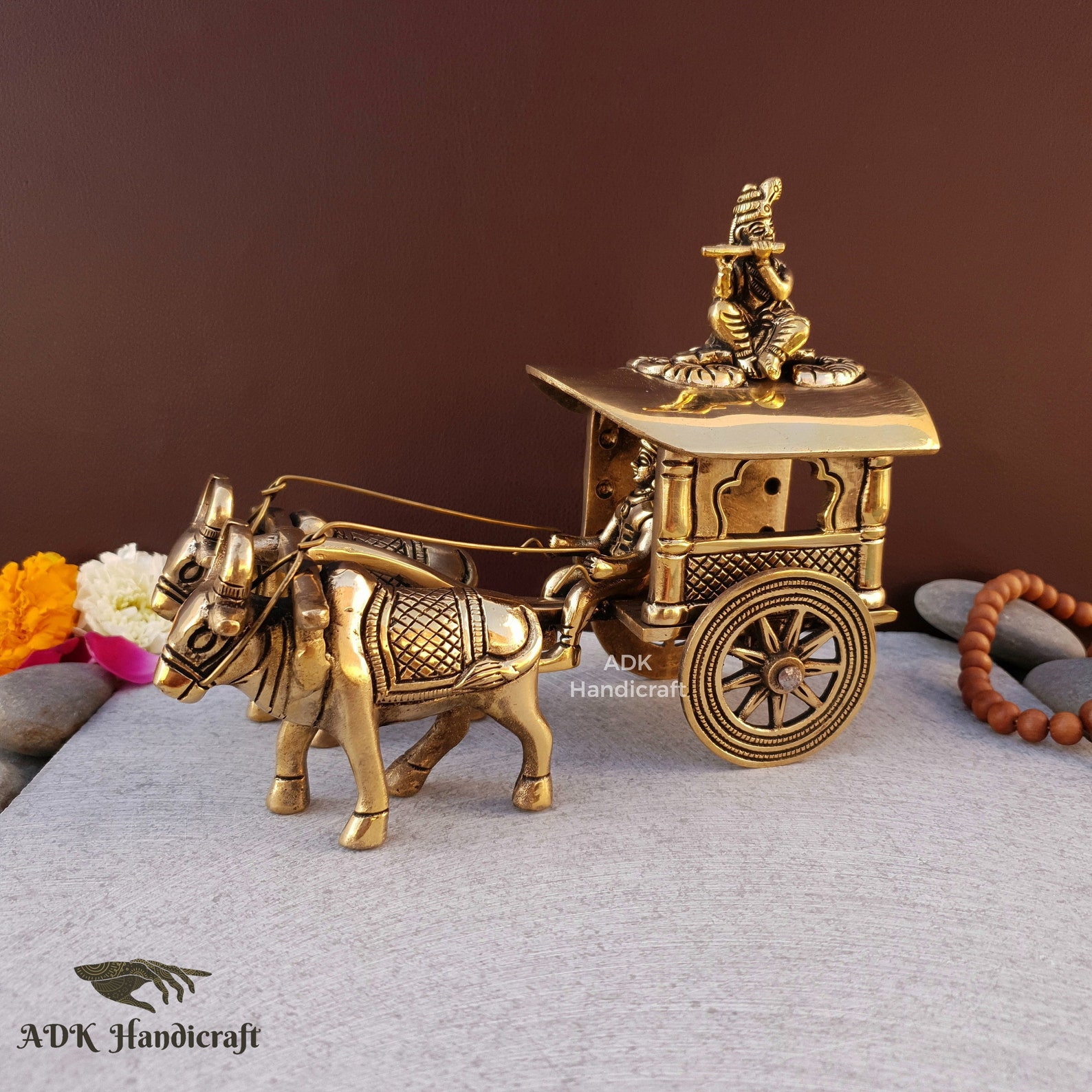 Lord Krishna Vintage Bullock Cart Brass Showpiece, 7.5" Inch Indian ...