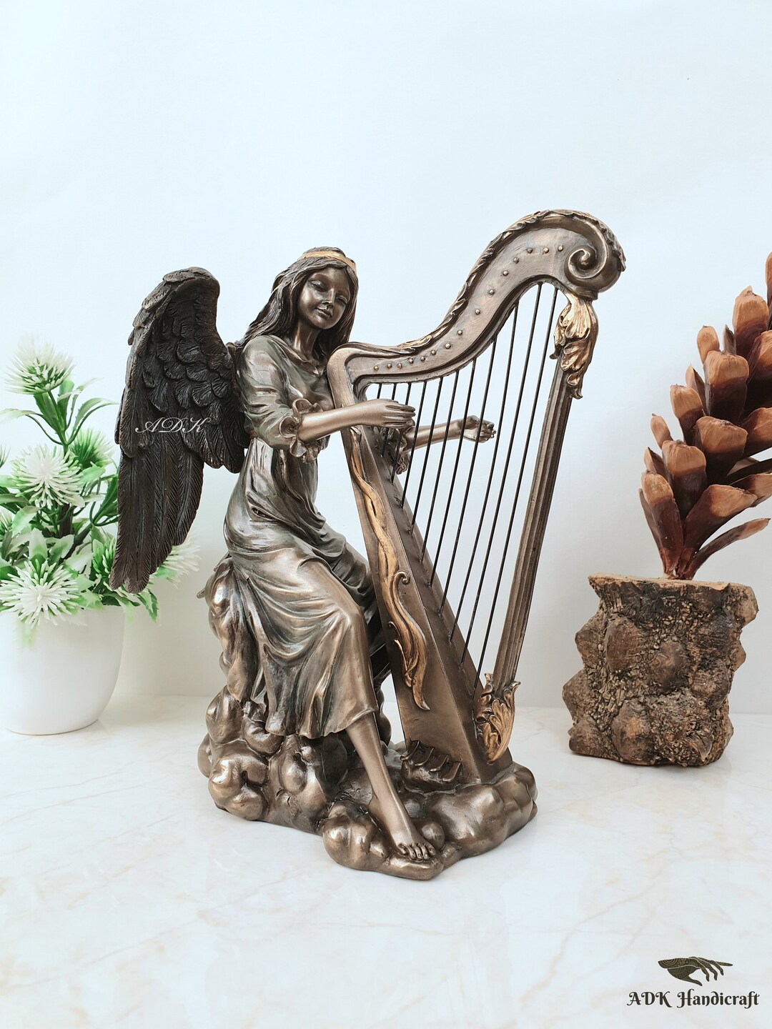Angel Musucian Harp Statue, 20CM, Windblown Angel Playing Harp, Bonded ...