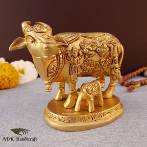 Kamdhenu Cow Idol Brass, 5" Inches Kamdenu Cow With Calf Idol, Good ...
