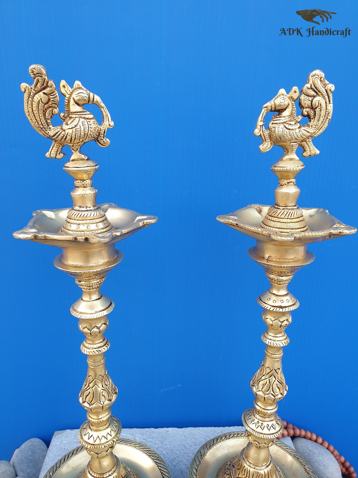 16" Inch Big Brass Traditional Diya Set, Brass Diya Stand Pair, Peacock ...