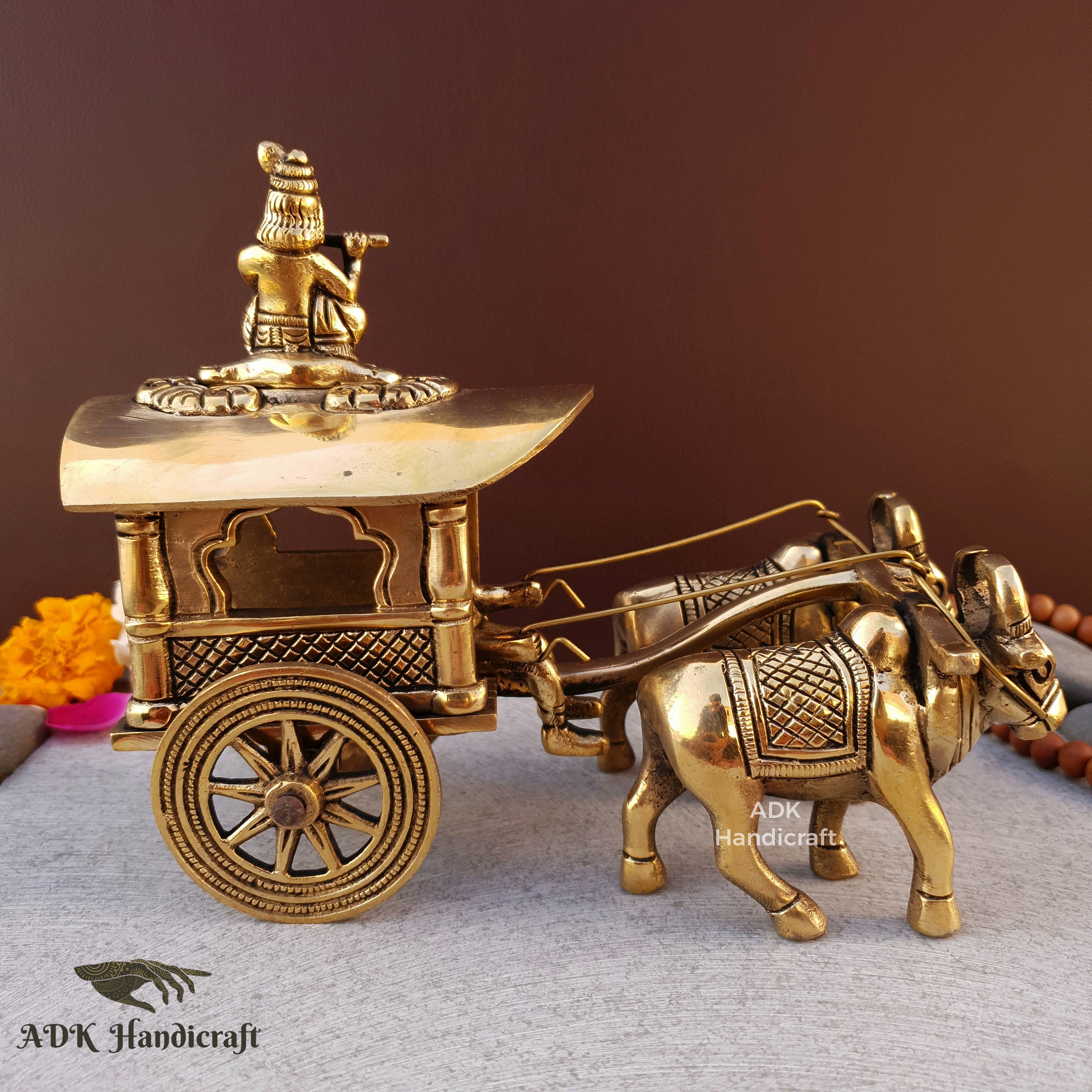 Lord Krishna Vintage Bullock Cart Brass Showpiece, 7.5" Inch Indian ...