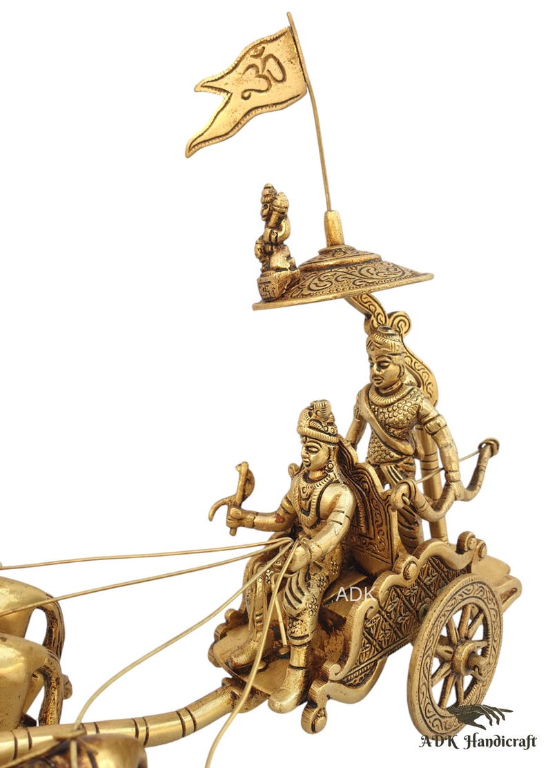 Brass Krishna Arjuna Rath Chariot, 9" Inch Arjun Rath With 4 Horses ...