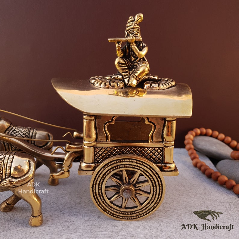 Lord Krishna Vintage Bullock Cart Brass Showpiece, 7.5" Inch Indian ...