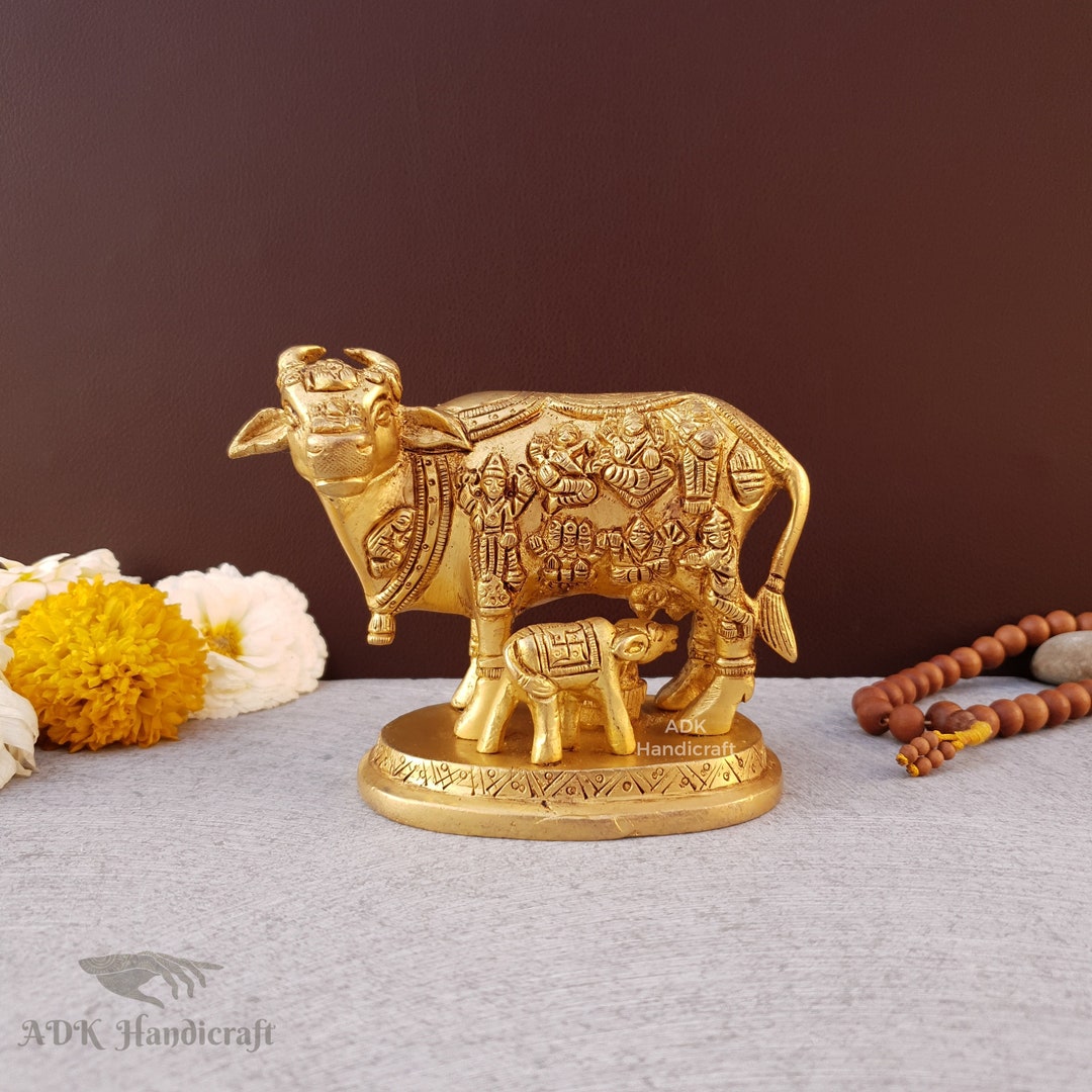 Kamdhenu Cow Idol Brass, 5" Inches Kamdenu Cow With Calf Idol, Good ...