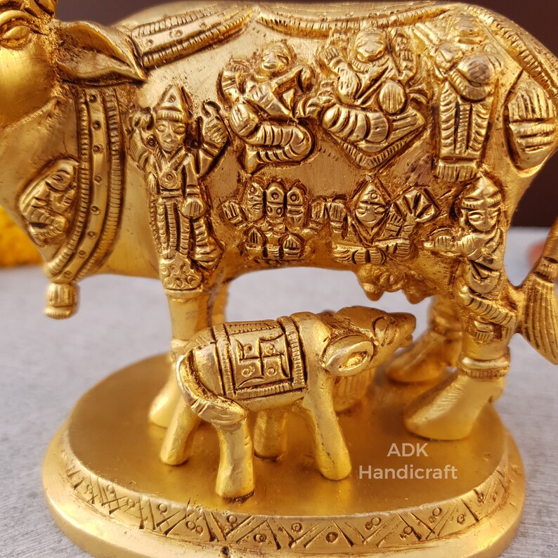 Kamdhenu Cow Idol Brass, 5" Inches Kamdenu Cow With Calf Idol, Good ...