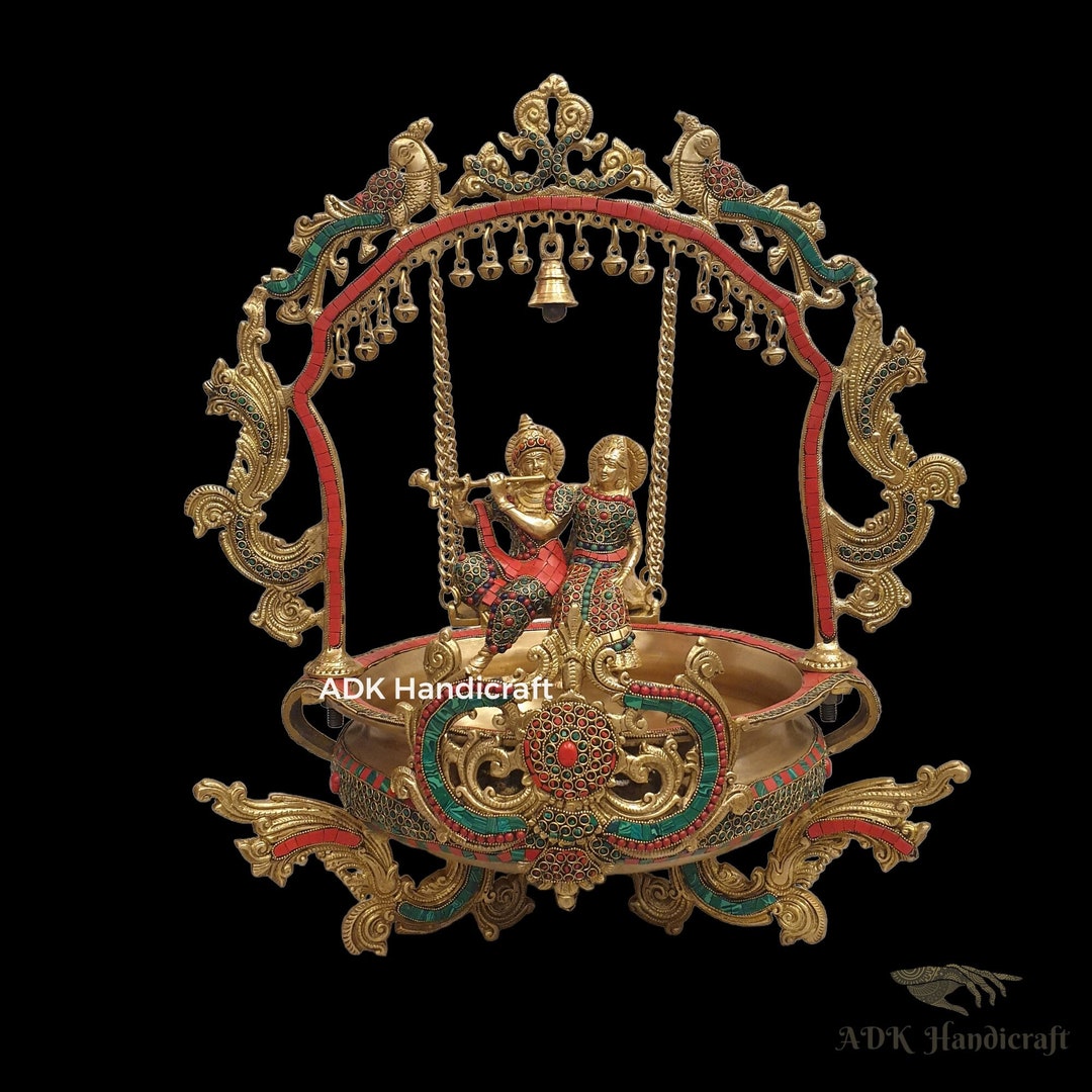 Brass 23" Inch Big Urli Radha Krishna on a Swing Vessel Urli With Stone ...