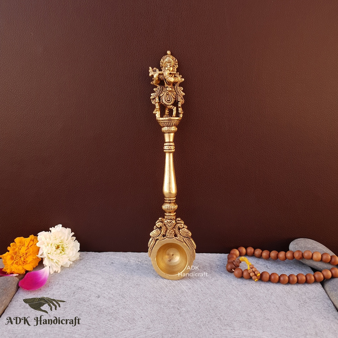 Brass Krishna Pooja Spoon, 8.5" Inch Krishna Idol, Krishna Statue, Puja ...