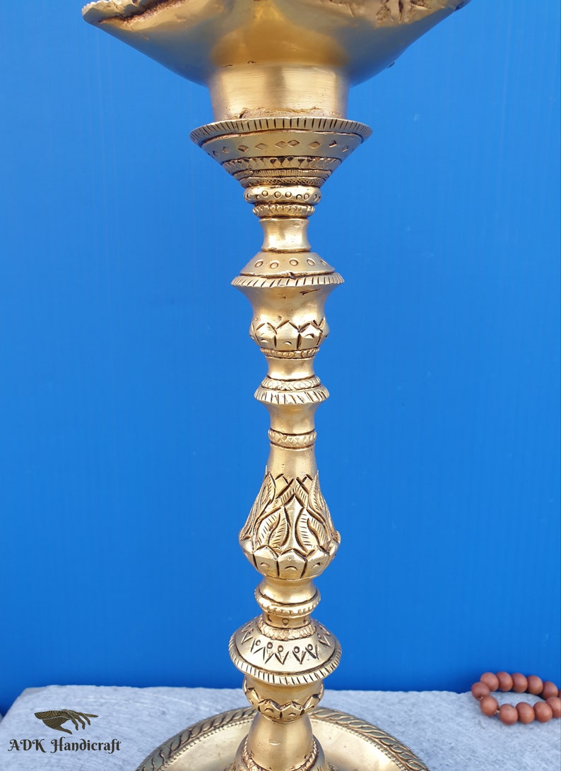16" Inch Big Brass Traditional Diya Set, Brass Diya Stand Pair, Peacock ...