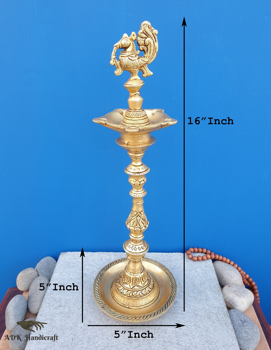 16" Inch Big Brass Traditional Diya Set, Brass Diya Stand Pair, Peacock ...