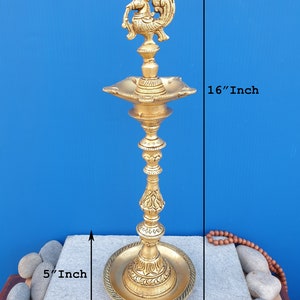 16" Inch Big Brass Traditional Diya Set, Brass Diya Stand Pair, Peacock ...
