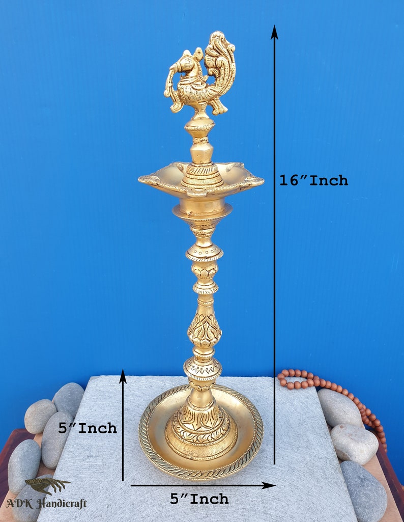16" Inch Big Brass Traditional Diya Set, Brass Diya Stand Pair, Peacock ...