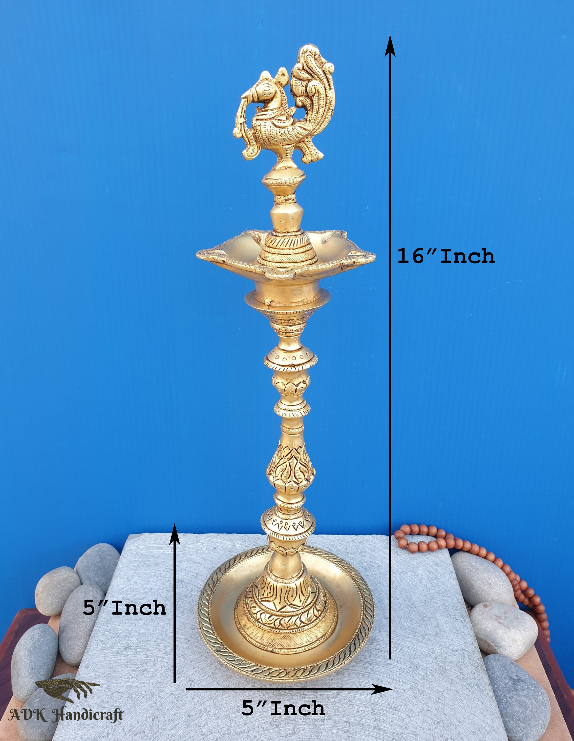 16" Inch Big Brass Traditional Diya Set, Brass Diya Stand Pair, Peacock ...