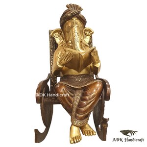 Brass Ganesha Statue 16.5" Inch Big Modern Ganesh Reading Book on ...