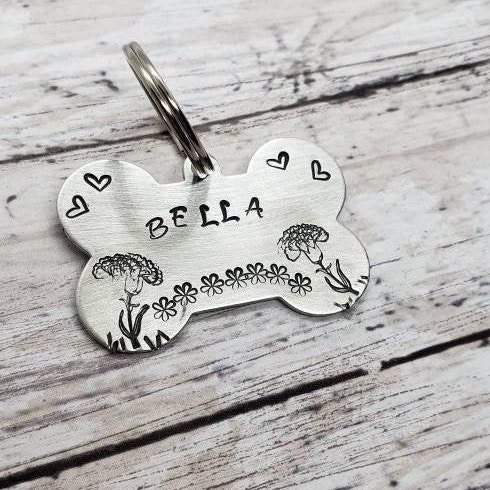 Handstamped Flower Dog Tag/ Personalized Girl Dog Tag/ Custom Dog Tag ...