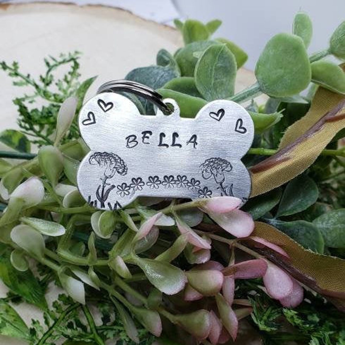 Handstamped Flower Dog Tag/ Personalized Girl Dog Tag/ Custom Dog Tag ...