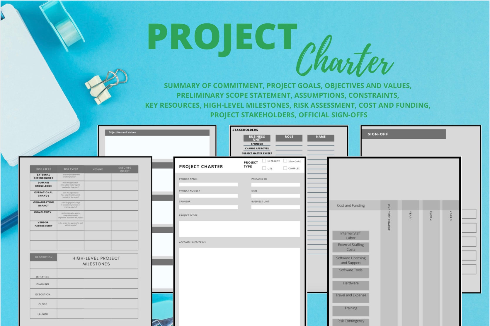 Project Management Project Charter PDF and Word Doc Set Planner ...