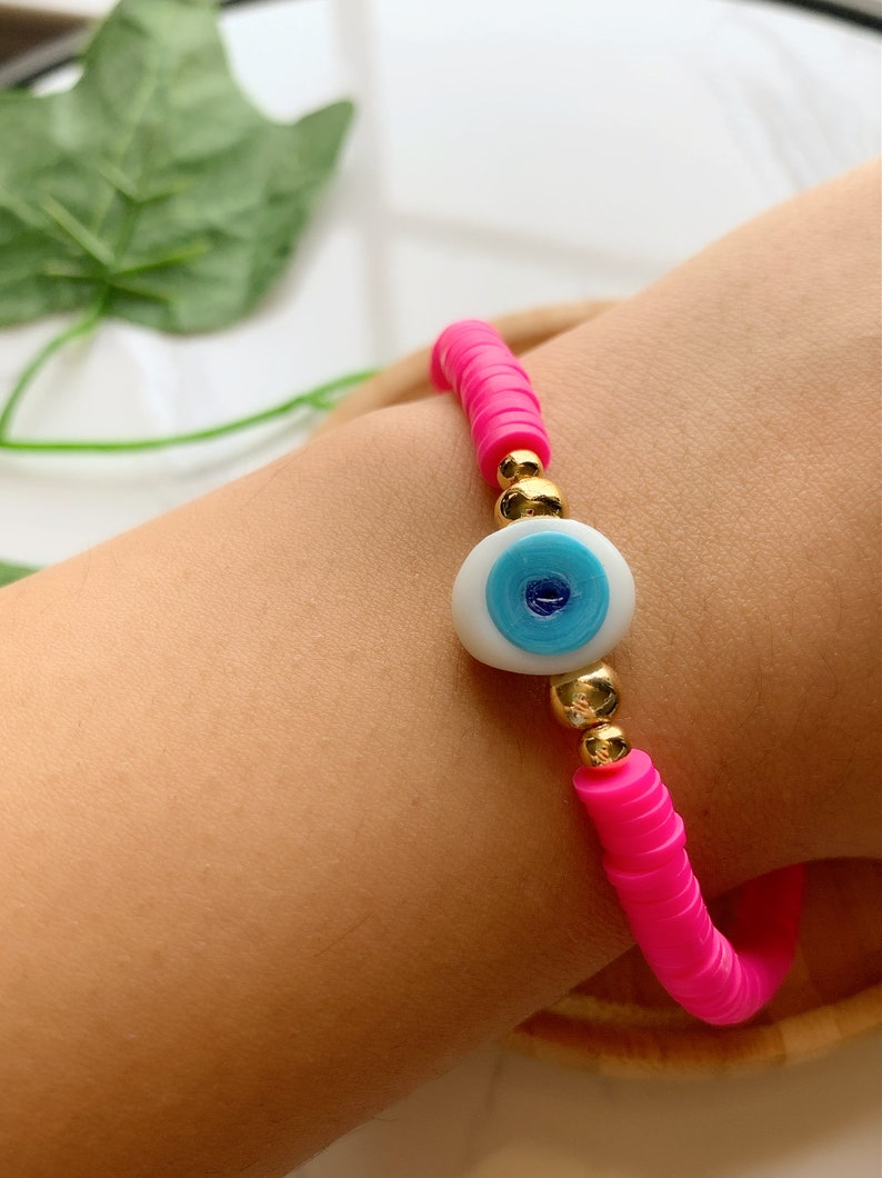 Pink Heishi Beaded Evil Eye Bracelet Ward off Negativity - Etsy