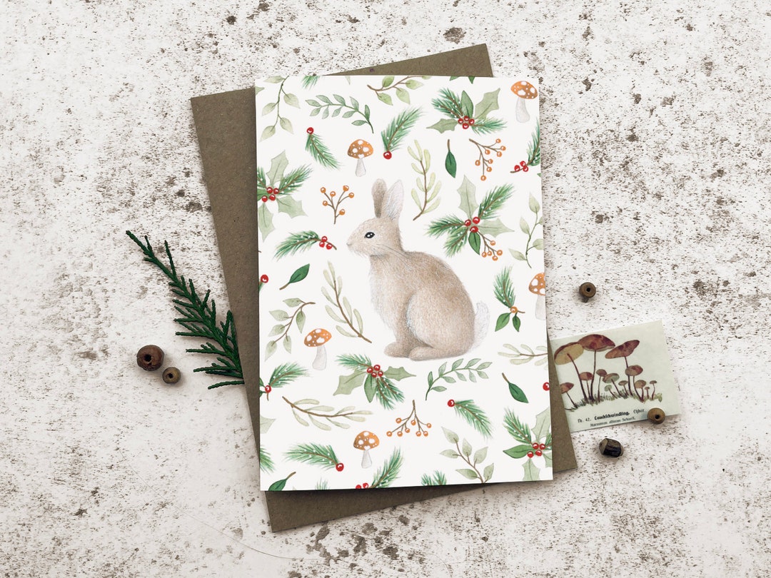 A6 Rabbit Christmas Card Cottagecore Illustrated Watercolour - Etsy
