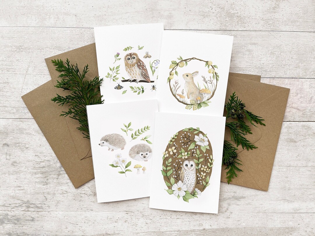 Woodland Animals Card Set Forest Greetings Card Barn Owl Hedgehog ...